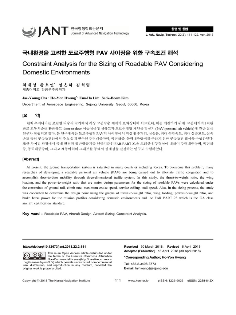 Constraint Analysis For The Sizing of Roadable PAV Considering Domestic ...