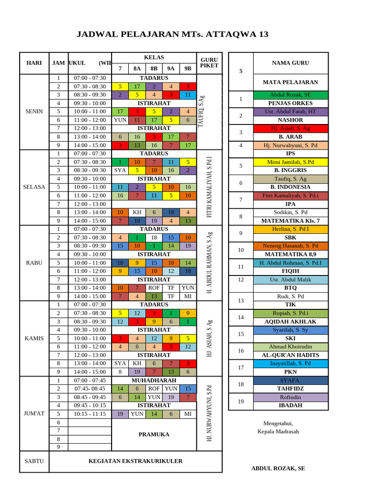 Jadwal Pelajaran MTs 13 TAPEL 2024-2025 | PDF