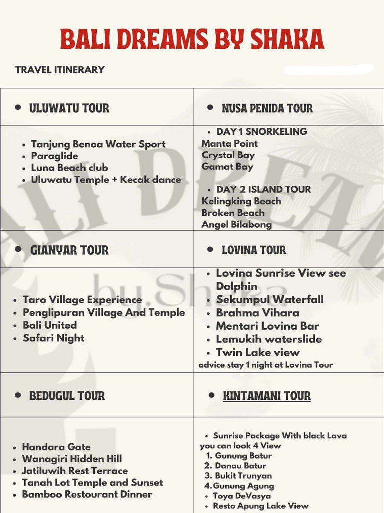 Itenerary Bali Dream by Shaka | PDF