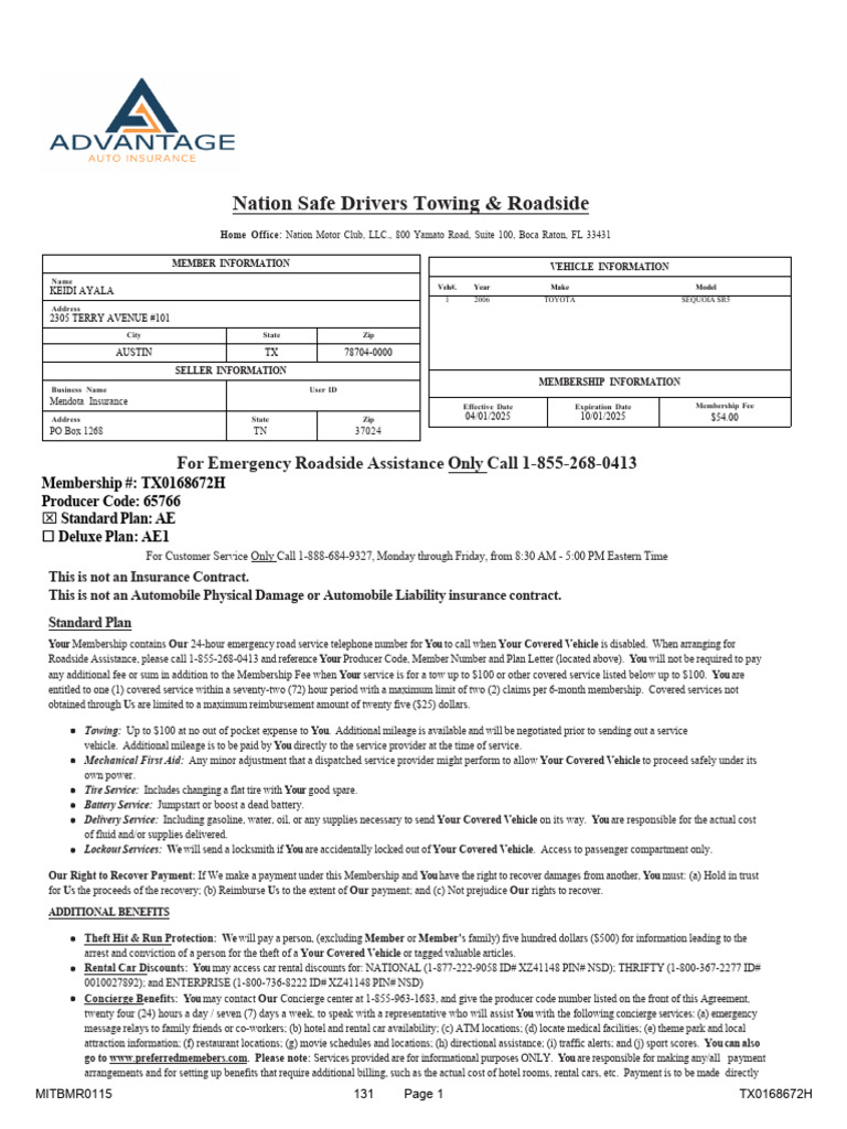 Roadside Assistance Membership Details | PDF | Insurance | Fee