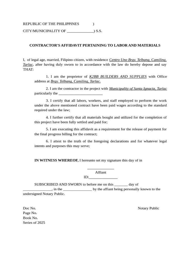 Contractors Affidavit Pertaining To Labor and Materials | PDF ...