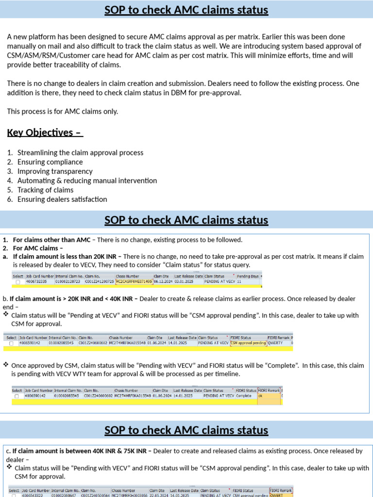 SOP For Dealers To Check AMC Claim Status | PDF