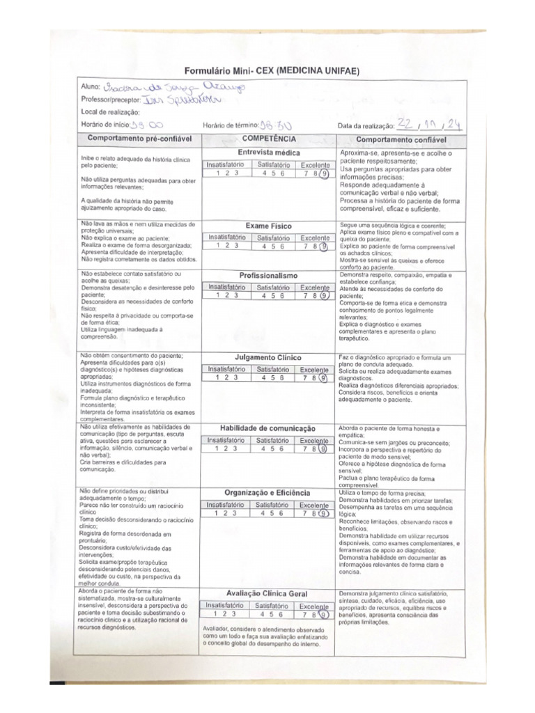 Formulário Mini- CEX (MEDICINA UNIFAE) | PDF