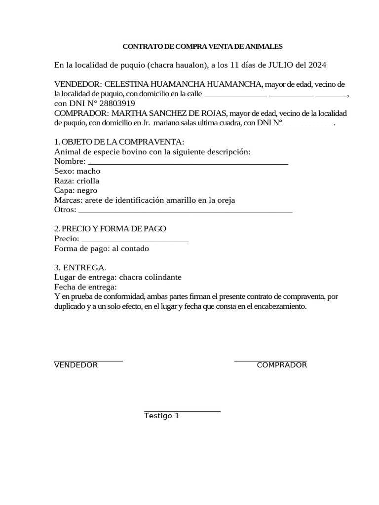 Contrato de Compra Venta de Animales | PDF