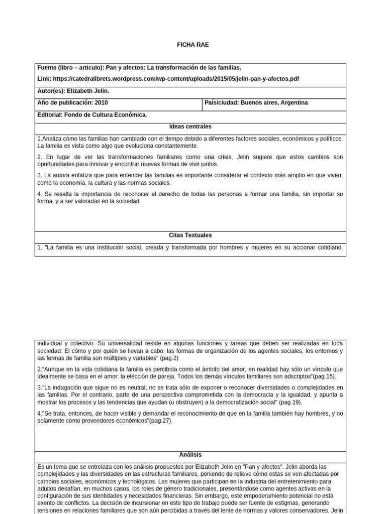 Ficha RAE LIBRO PAN Y AFECTO | PDF | Familia | Sociedad