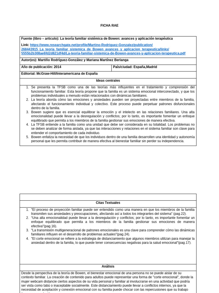 Ficha RAE.-TEORIA BOWEN | PDF | Las emociones | Cognición