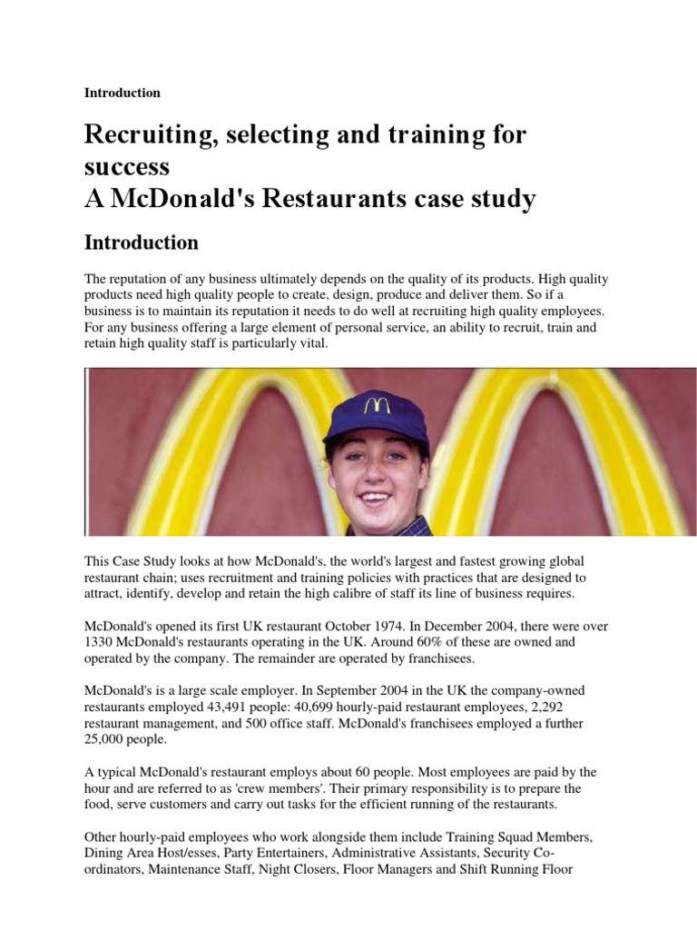 Recruiting, Selecting and Training For Success A Mcdonald'S Restaurants ...