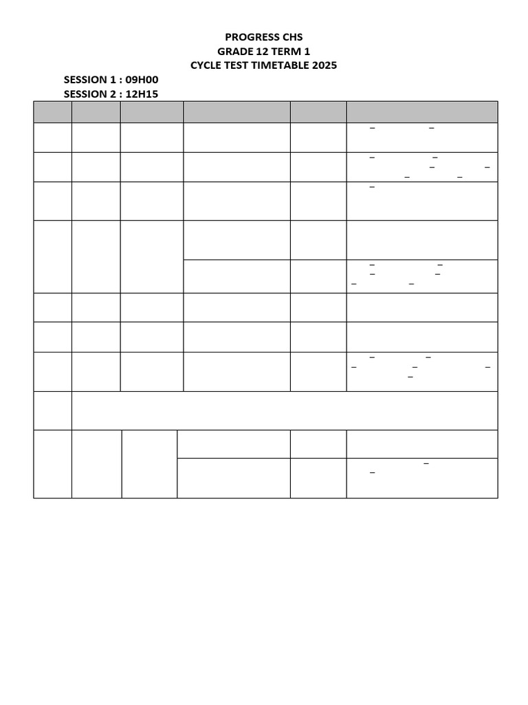 2025 Grade 10-12 JN District Term 1 March Controlled Test Timetable ...