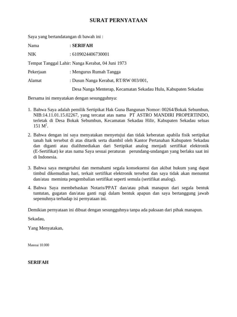 Surat Pernyataan Sertel | PDF
