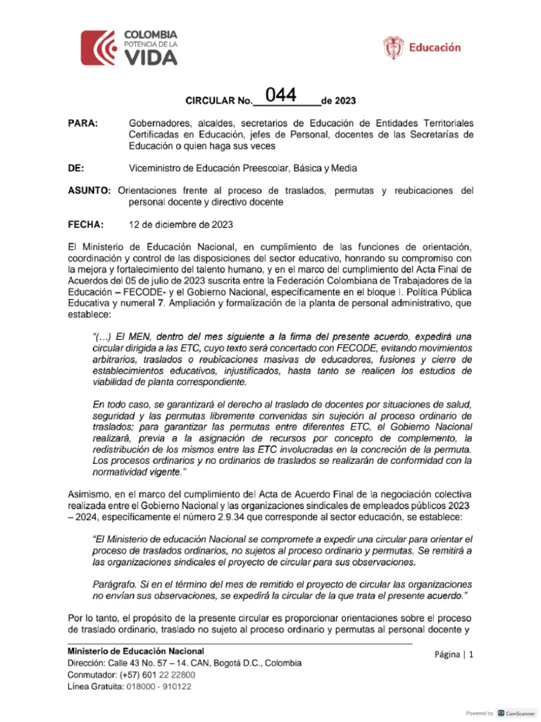 Circular 044 Del 12 de Diciembre de 2023.pdf - 2023 EE 3151572 | PDF