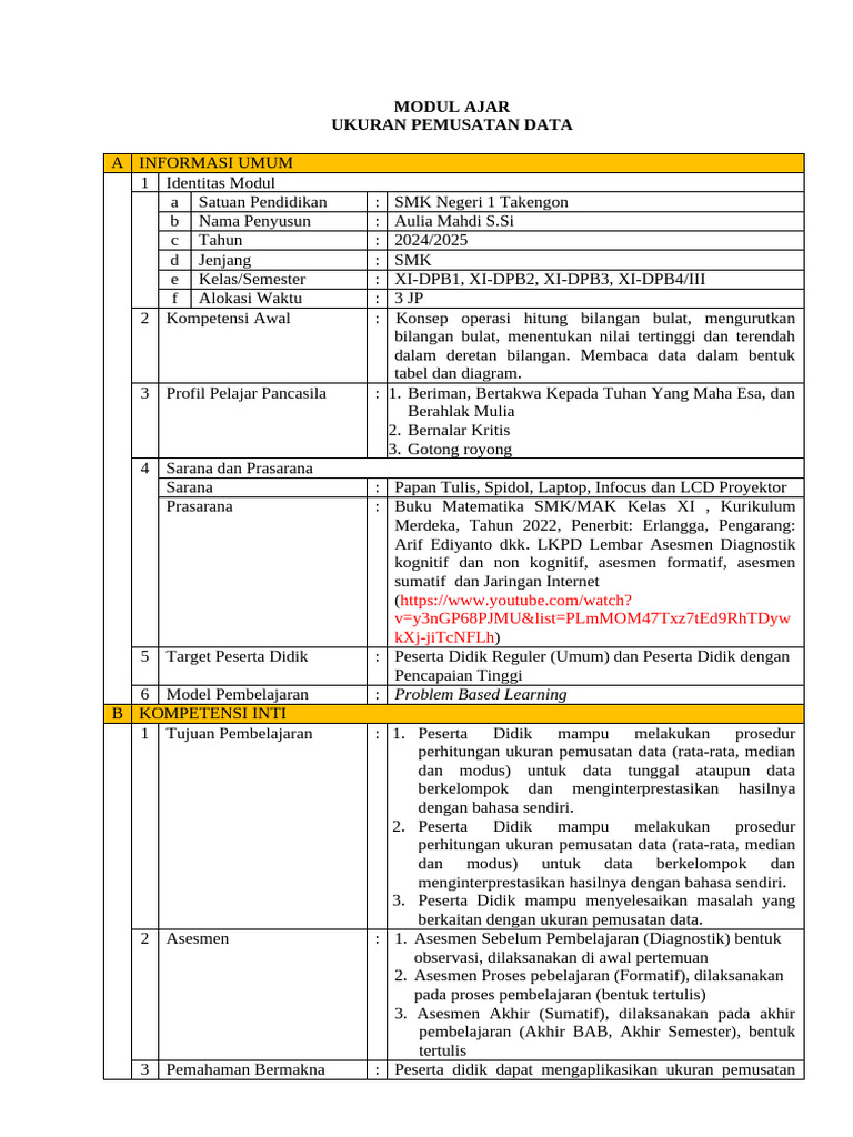 Modul Ajar Ukuran Pemusatan Data | PDF