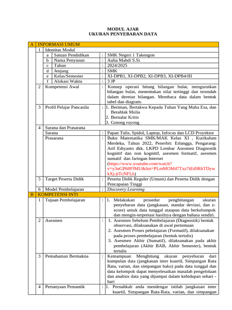 Modul Ajar Ukuran Penyebaran Data Kelas 8 | PDF