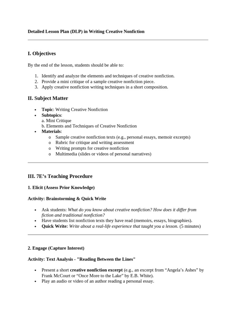 Detailed Lesson Plan CNF | PDF | Creative Nonfiction | Narrative