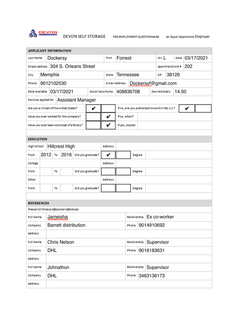 Devon Pre-Employment Application - Fillable 2 | PDF