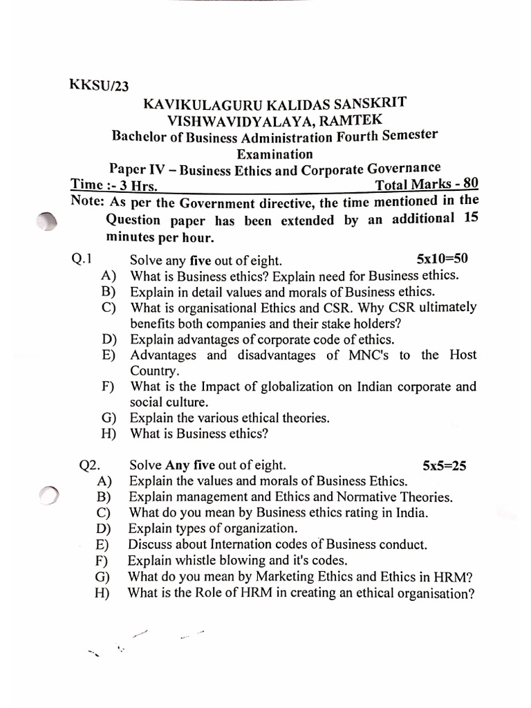 Business Ethics Question Paper 2022-23 | PDF