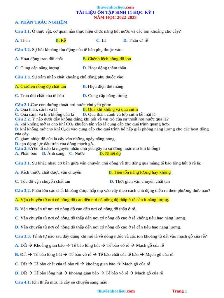 Thuvienhoclieu.com Tai Lieu on Tap Sinh 11 HK1 Nam 22 23 | PDF