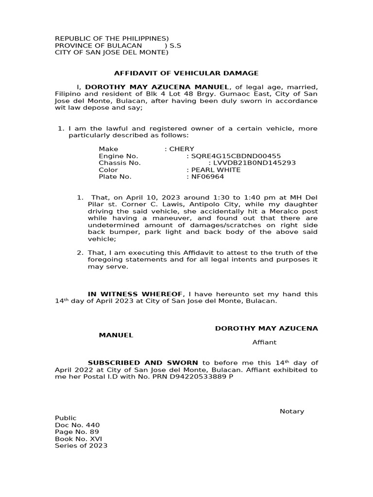 AFFIDAVIT OF VEHICULAR DAMAGE DOROTHY MANUEL | PDF