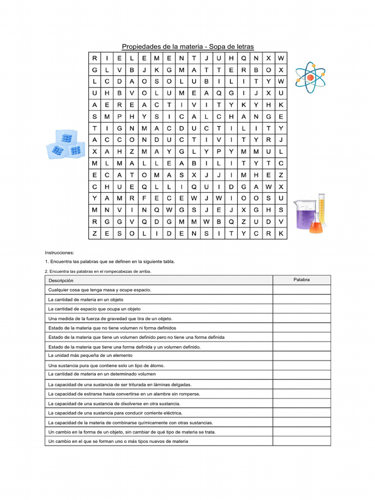 Propiedades de La Materia Sopa de Letras: 2. Encuentra Las Palabras en ...