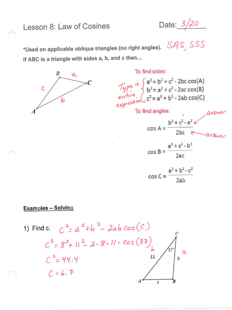 Unit 4 - Lesson 8 (Law of Cosines) | PDF