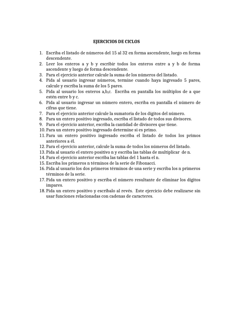 EJERCICIOS DE CICLOS | PDF