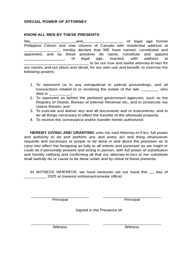Special Power of Attorney: Canada to Philippines | PDF | Power Of ...