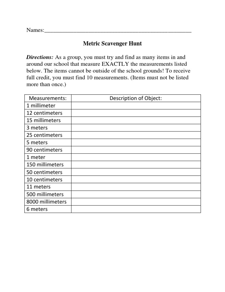 Metric Scavenger Hunt | PDF