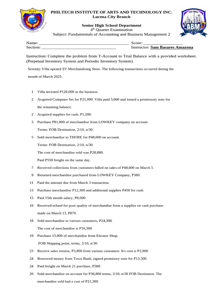 Accounting Exam: T-Account & Trial Balance | PDF | Debits And Credits ...