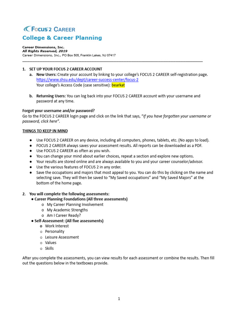 College Career Planning with FOCUS 2 | PDF | Password | Skill
