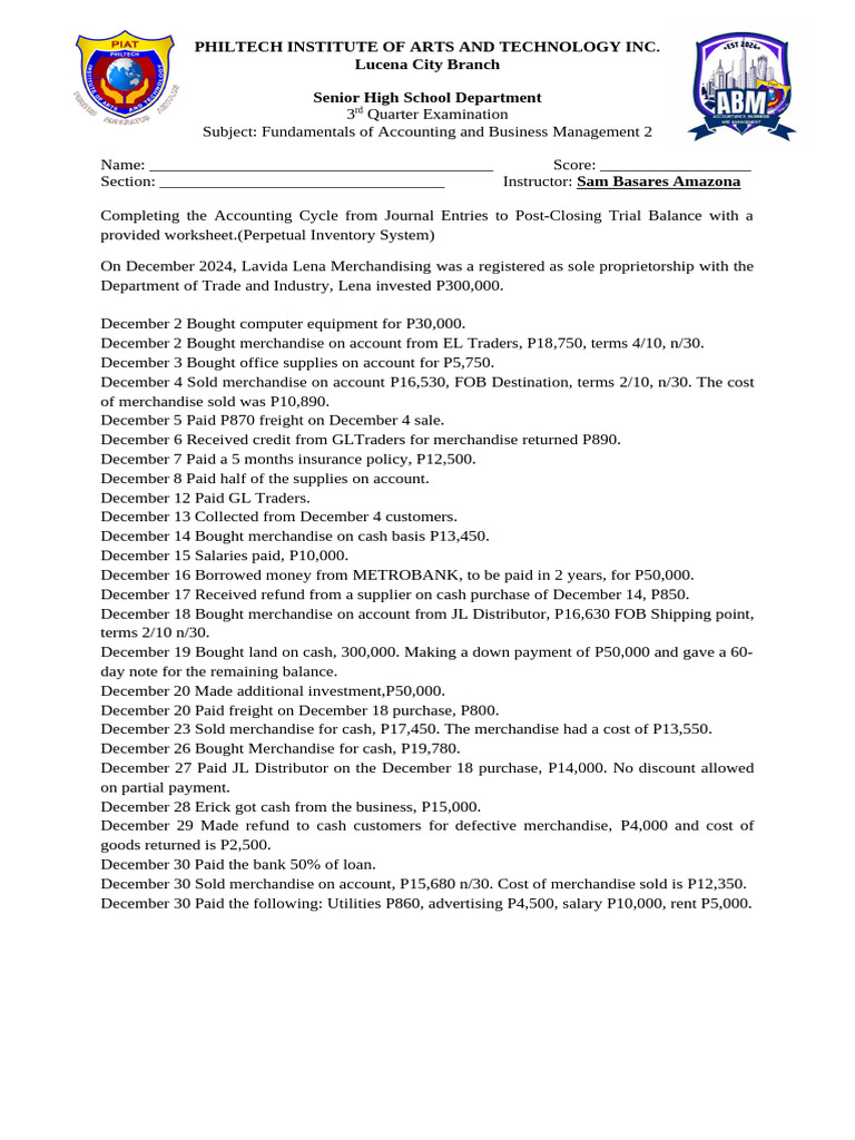 FABM 2 - 3rd Quarter Examination | PDF | Expense | Depreciation
