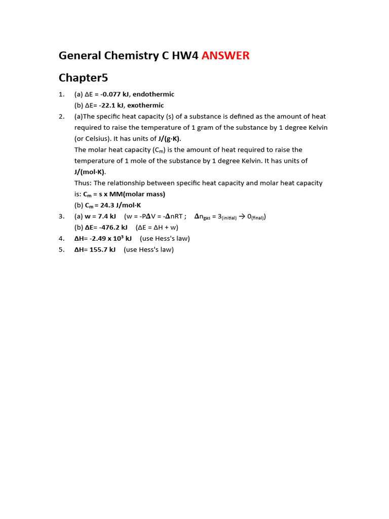 General Chemistry C HW4 ANSWER | PDF | Mole (Unit) | Heat Capacity