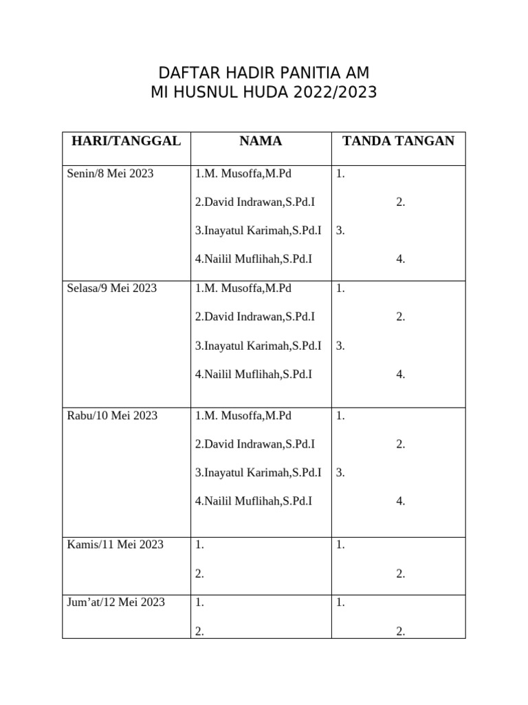 Daftar Hadir Panitia Am | PDF