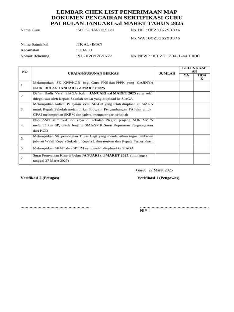 Lembar Ceklis Pemberkasan TPG Gpai Jan Maret 2025 | PDF