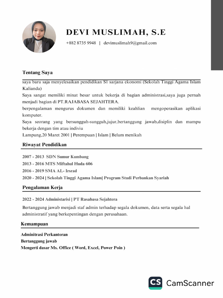 CV Dan Lamaran Devi Muslimah. 3 | PDF