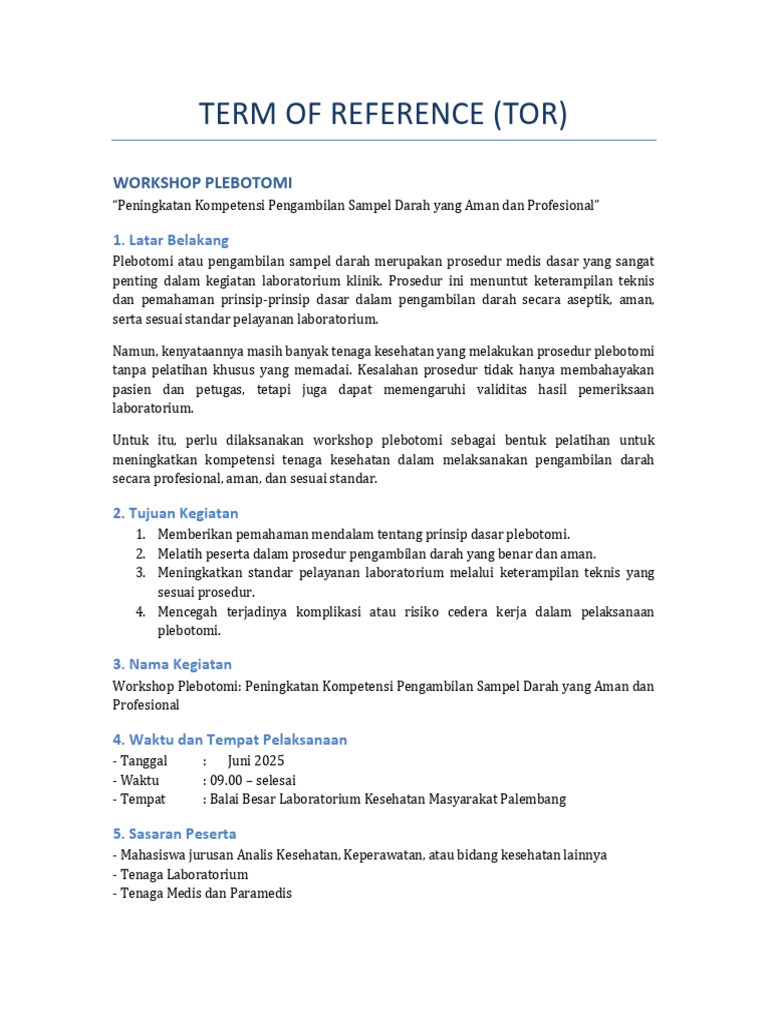TOR Workshop Plebotomi | PDF