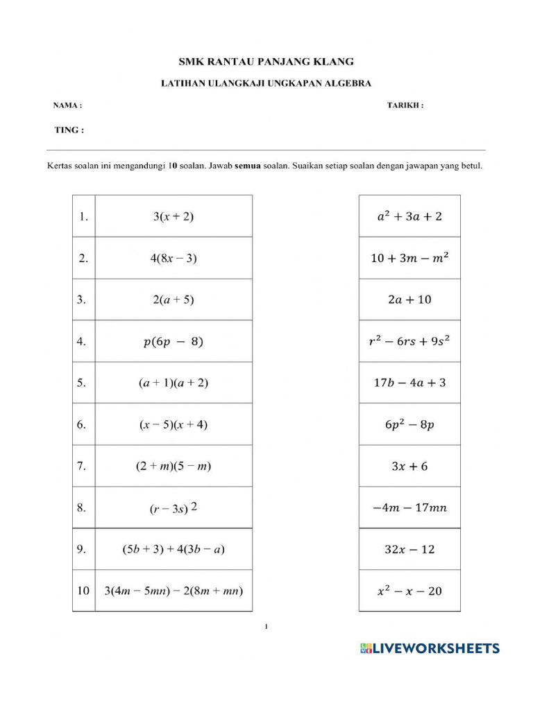 Kembangkan Ungkapan Algebra U14 | PDF