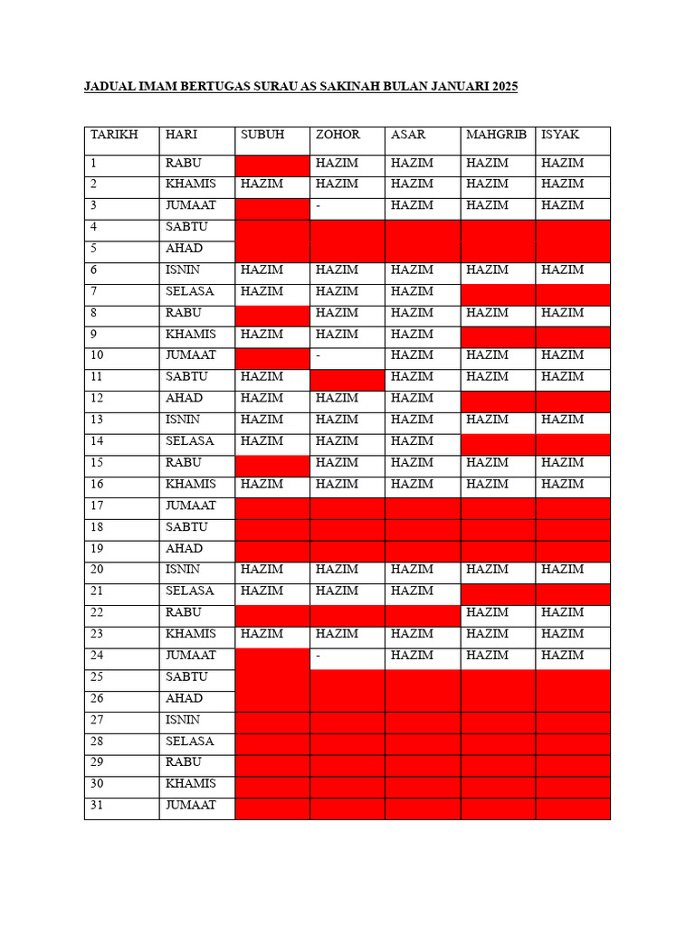 Jadual Tugas Imam Surau As Sakinah BS | PDF