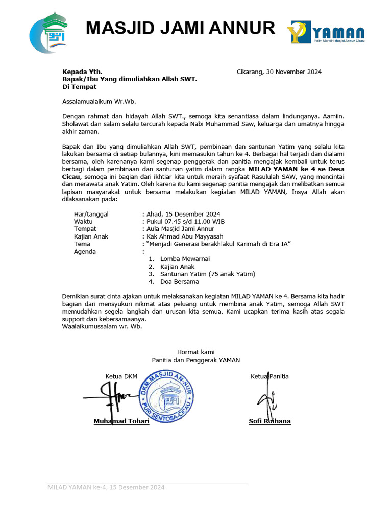 Proposal Milad Yaman Ke 4 TTD | PDF