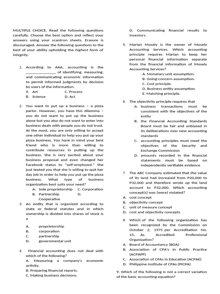 Accounting Principles and Transactions Quiz | PDF | Debits And Credits ...
