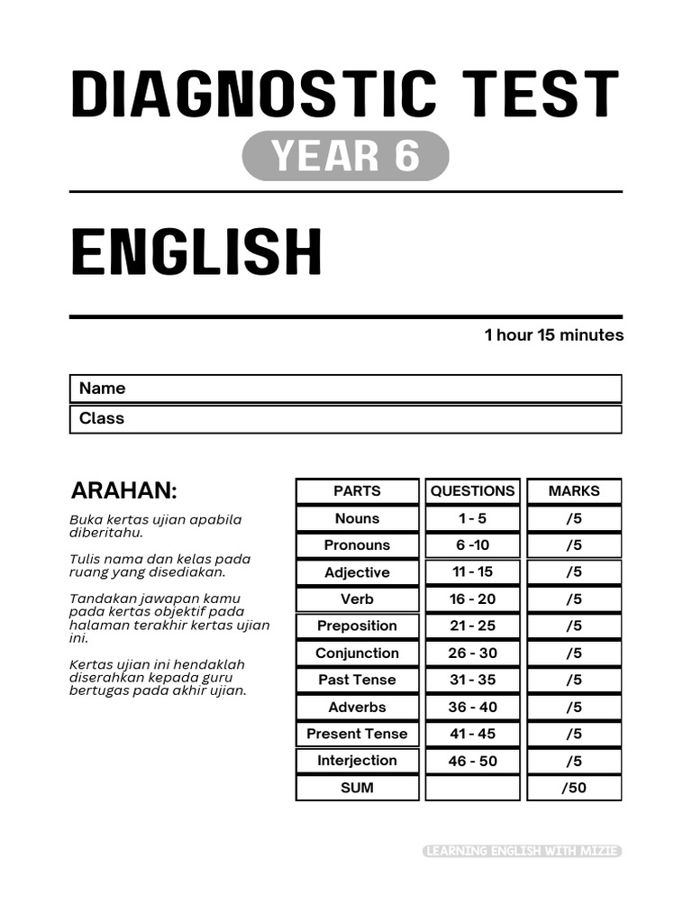 Year 6 English Diagnostic Test | PDF | Linguistics | Linguistic Morphology