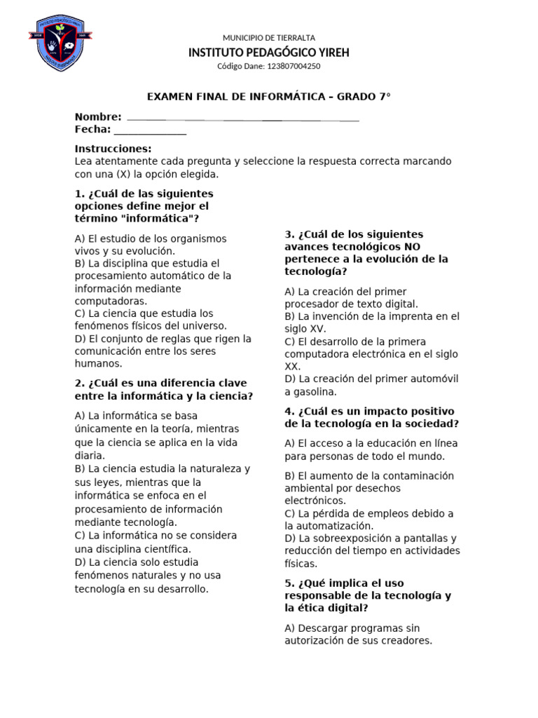 Examen Final de Informática 7° | PDF | Informática | Sistema operativo