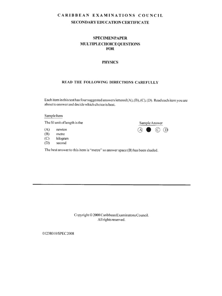 Csec Physics Specimen P1 2008 Pdf
