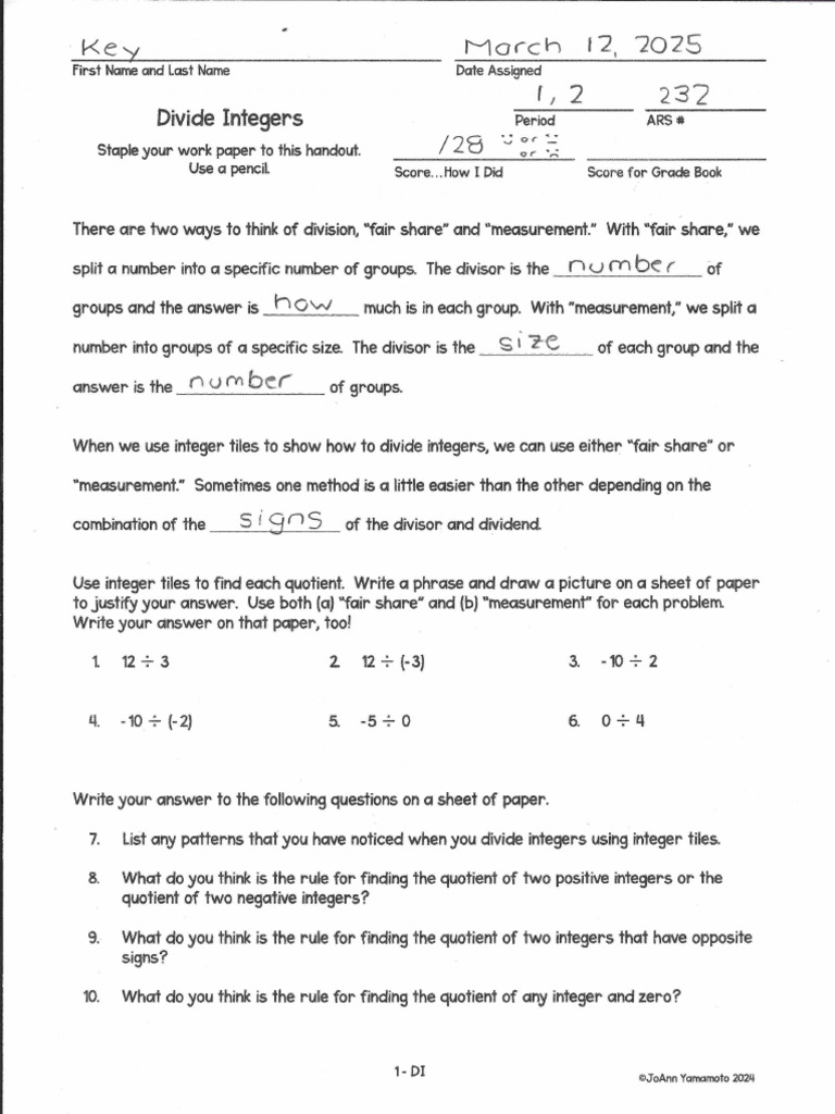 Divide Integers Key 2425 | PDF