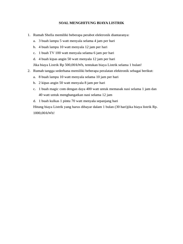 Soal Menghitung Biaya Listrik | PDF