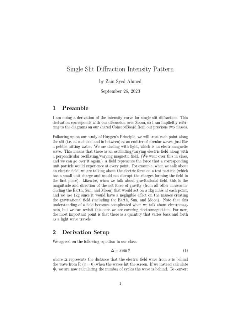 Single Slit Diffraction Notes Pdf Force Waves