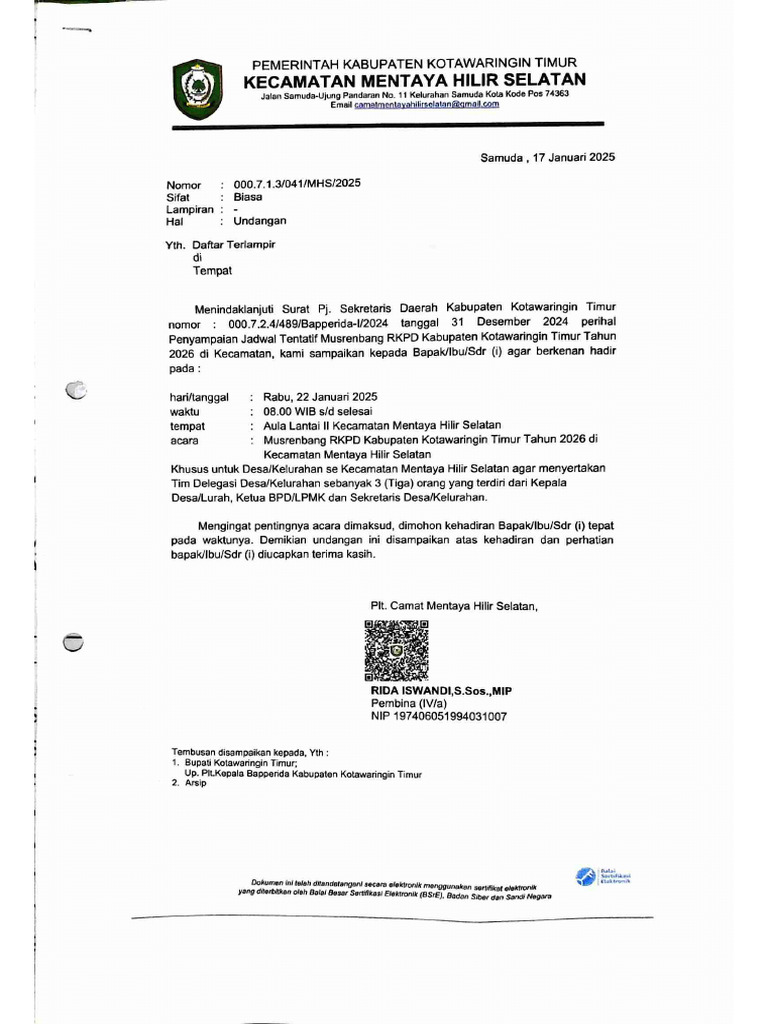 Undangan Musrenbang Kecamatan MHS | PDF