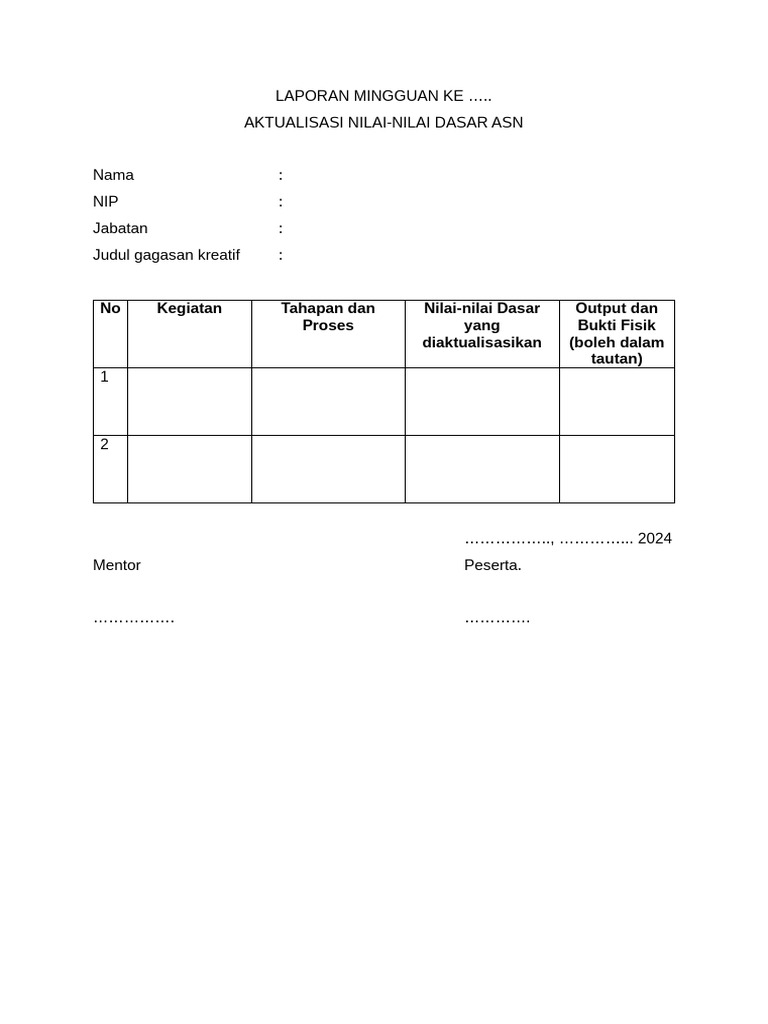 Format Laporan Mingguan Aktualisasi | PDF