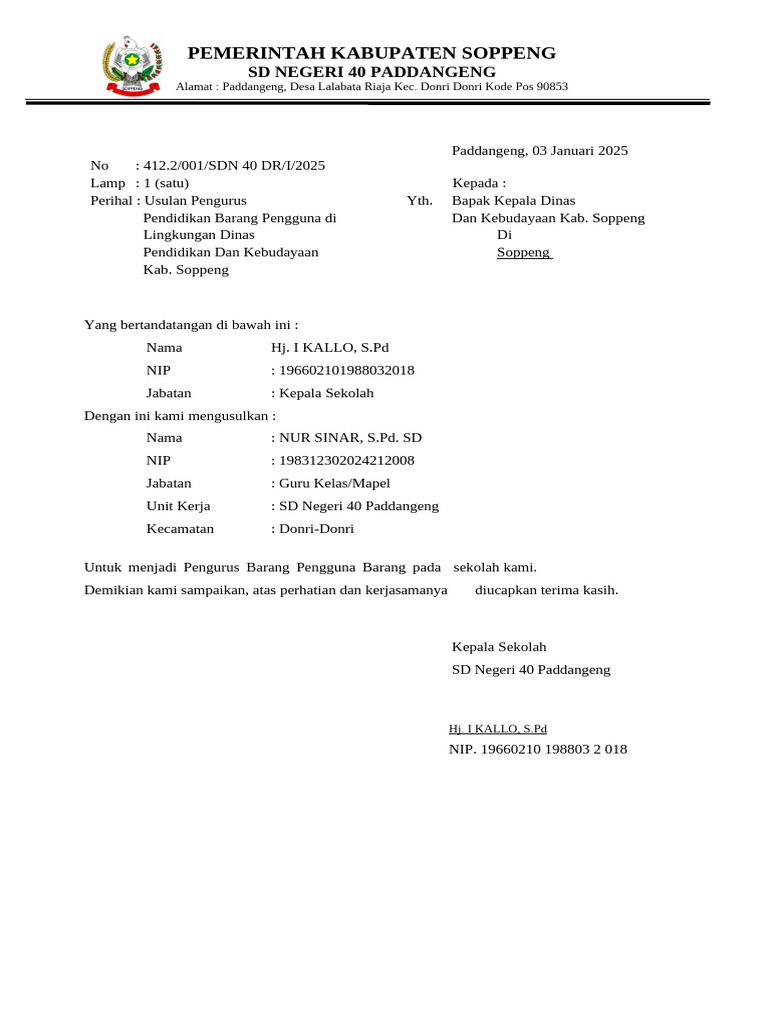 Surat Usulan Pengurus Barang D Sekolah 2025 | PDF