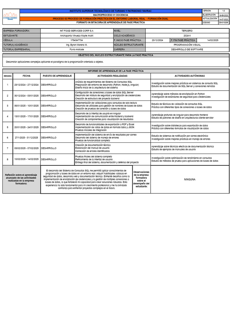 FORMATOS FASE PRÁCTICA - 3RO NUEVO - XLSX - 4. Informe de Aprendizaje | PDF | Bases de datos | SQL