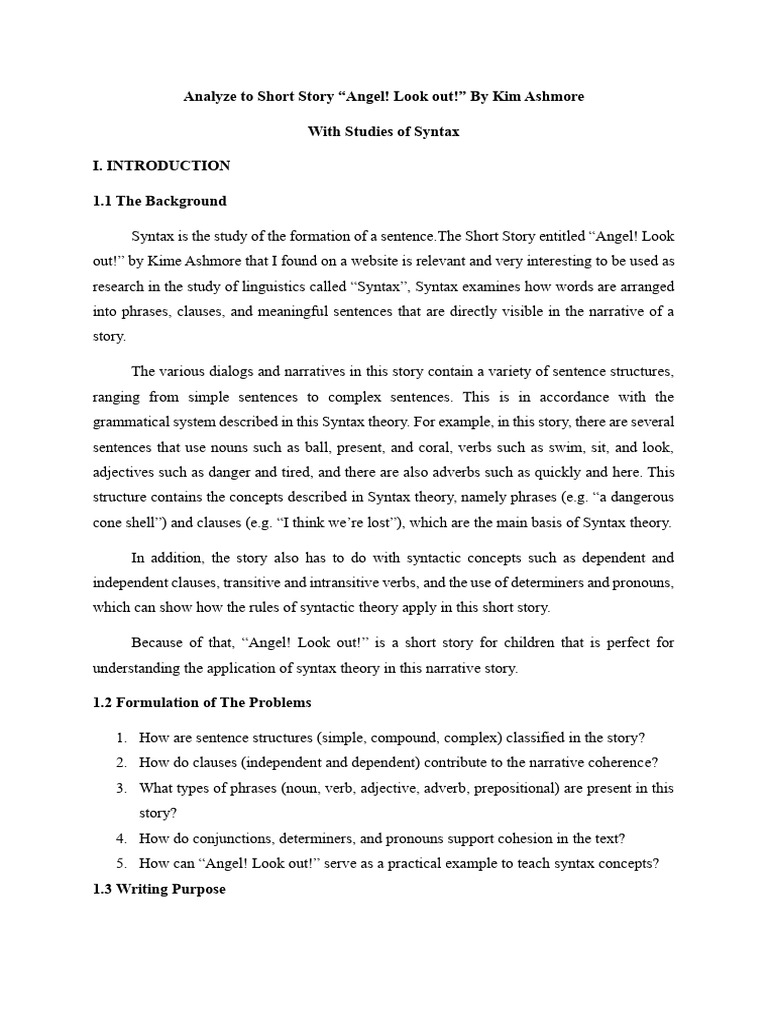 ANALYZE TO SHORT STORY "ANGEL LOOK OUT" WITH SYNTAX STUDIES | PDF ...