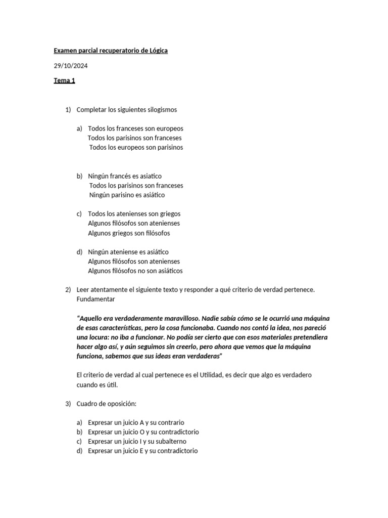 Examen parcial recuperatorio de LoÌ gica | PDF | Verdad | Epistemología